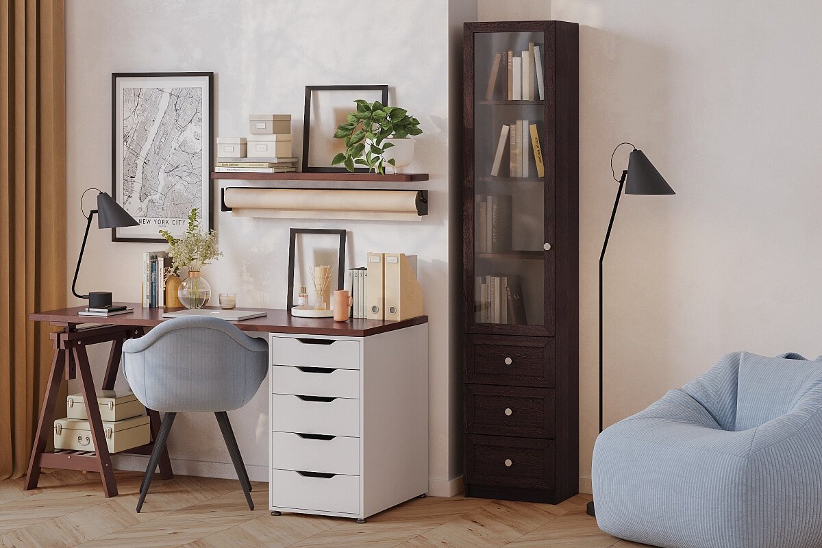 Шкаф книжный стеллаж Билли Billy по мотивам Икея Ikea - 59 Венге Цаво 40x30x202 однодверный с 3 ящиками