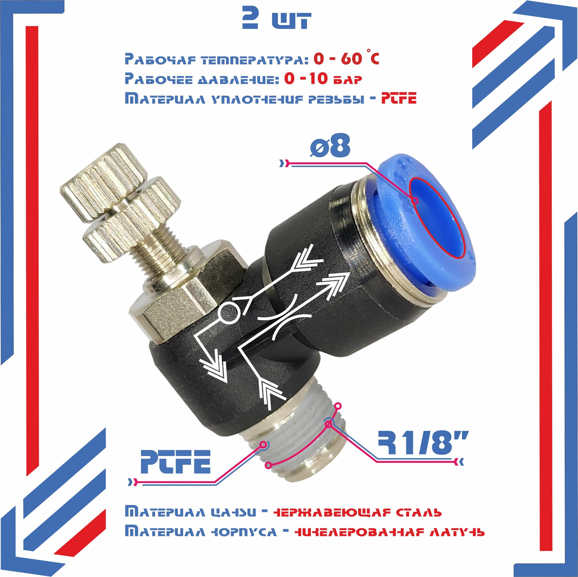 Дроссель пневматический 1/8, 8мм, 2шт с обратным клапаном. Регулятор расхода воздуха, цанговый. Кран игольчатый.