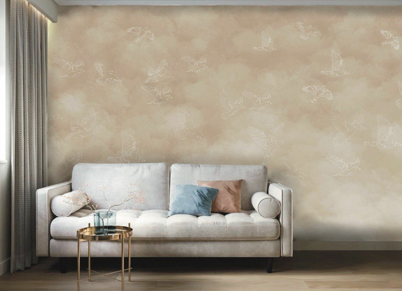 Обои бесшовные Полет галок персиковые (ширина 2550мм х длина 3000мм)