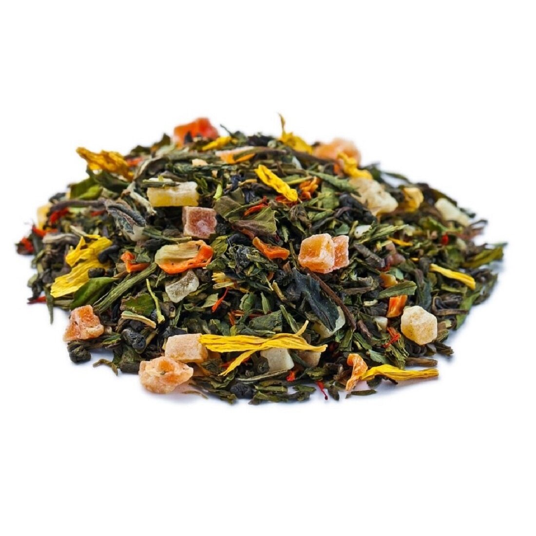 Бенгальский тигр (100 гр) Купаж зелёного и белого чая с кубиками папайи и ананаса, листьями грецкого ореха и сафлора