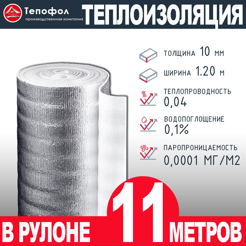 Теплоизоляция "Тепофол" с отражающим слоем, 11 м, толщина 10 мм