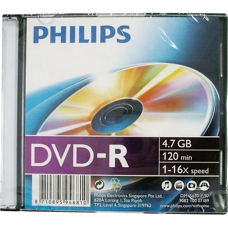 Носители информации DVD-R Philips (DM4S6S01F/97)4.7 Gb, 16x, Slim Case 1шт, 2097489