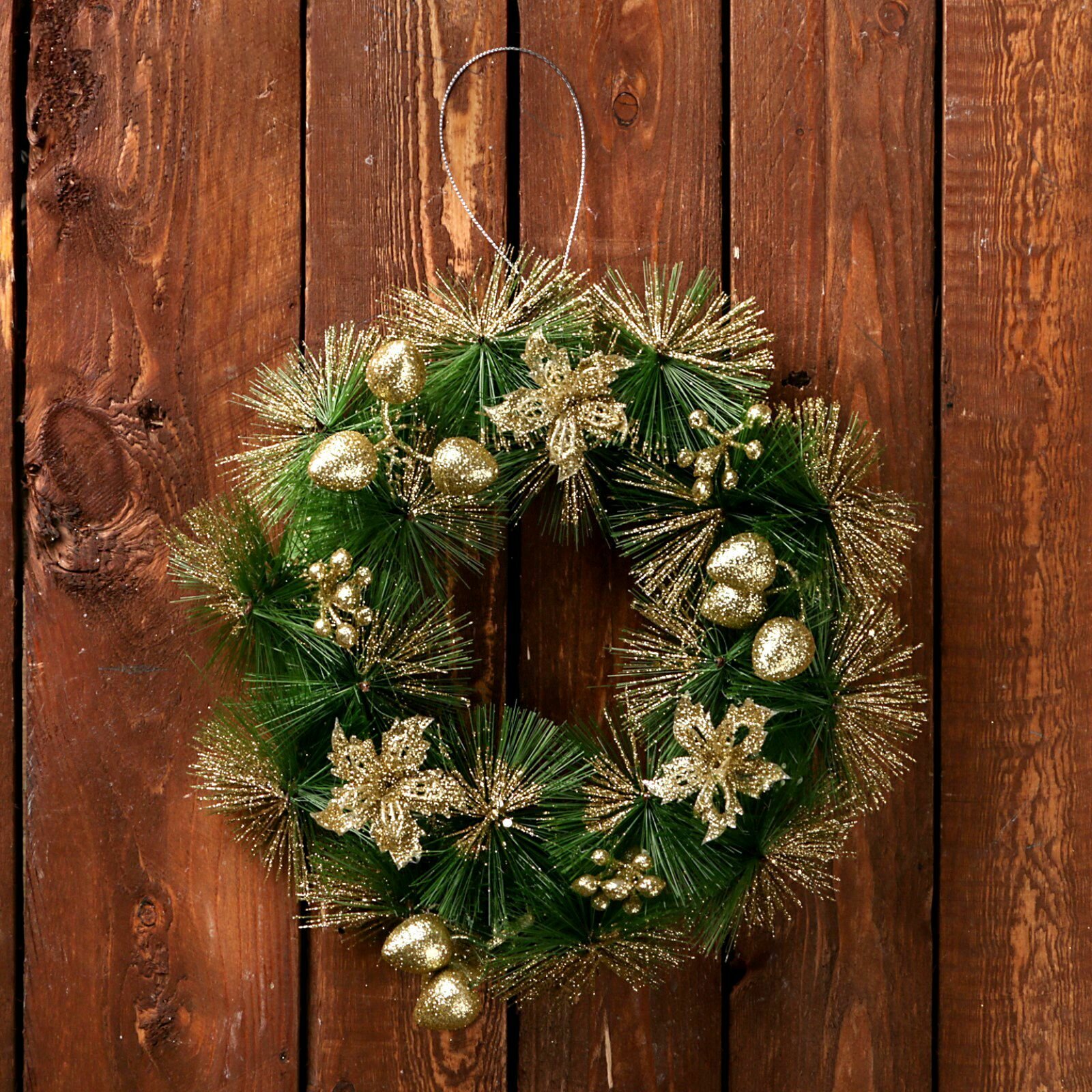 Новогодний венок "Золотые цветы на зелёном" 20 см, красивый уличный венок, рождественское декоративное украшение на дверь для дома на Новый год