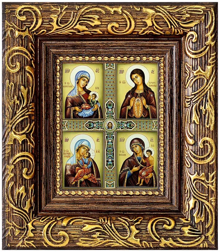Четырехчастная икона Божией Матери "Материнство", в широкой темной пластиковой рамке 10,5*12 см