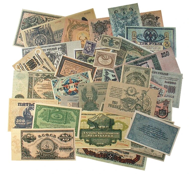 Деньги Гражданской Войны России набор 35 копий банкнот сувенирная копия, банкноты и купюры редкие коллекционные