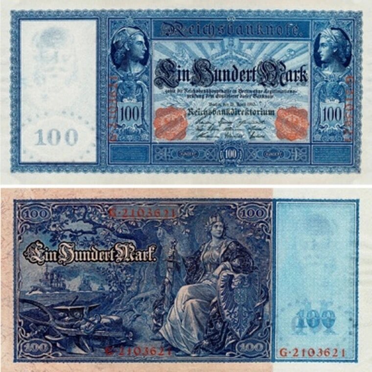 Германия 100 марок 1910 две красные печати, сувенирная копия, банкноты и купюры редкие коллекционные