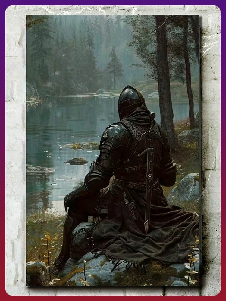 Картина интерьерная на дереве Разное Фэнтези (Рыцарь, природа, воин, деревья, река) - 6241272