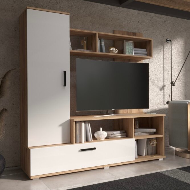 Гостиная стенка Мини, мебель под телевизор с пеналом и дверцей, 150х152х44 см, Белый глянец / Дуб крафт золотой