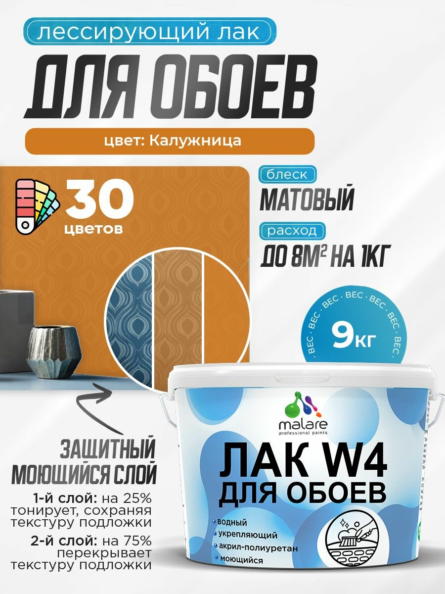 Лак колерованный тонирующий для защиты обоев Malare W4 универсальный для дерева и минеральных поверхностей, водный без запаха быстросохнущий, матовый, калужница, 9 кг.