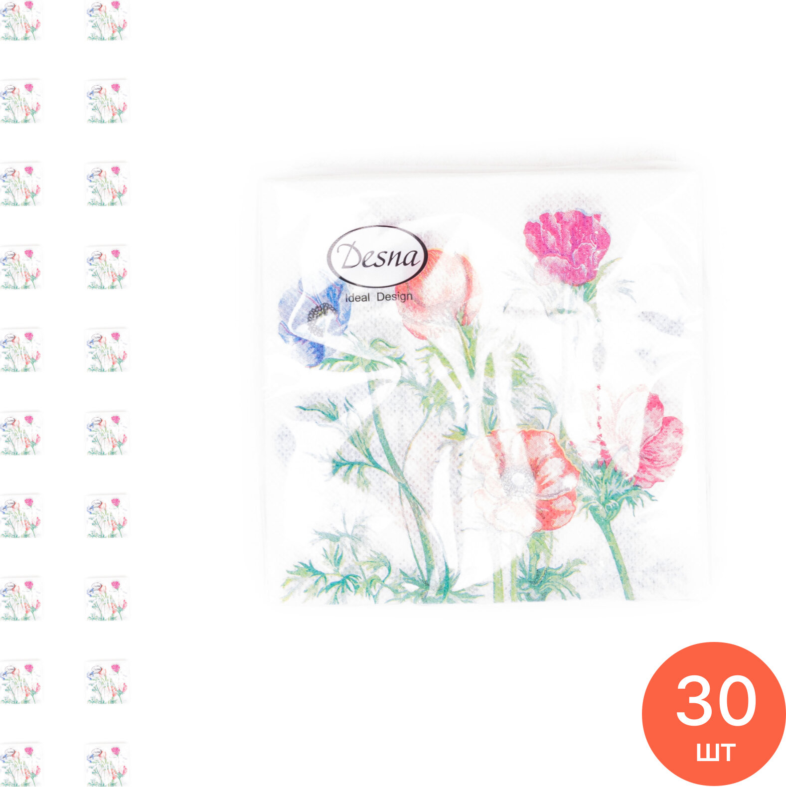Салфетки бумажные DESNA / Десна Анемоны, однослойные, 100% целлюлоза, белые, 25х25см, в упаковке 40шт. (комплект из 30 шт)