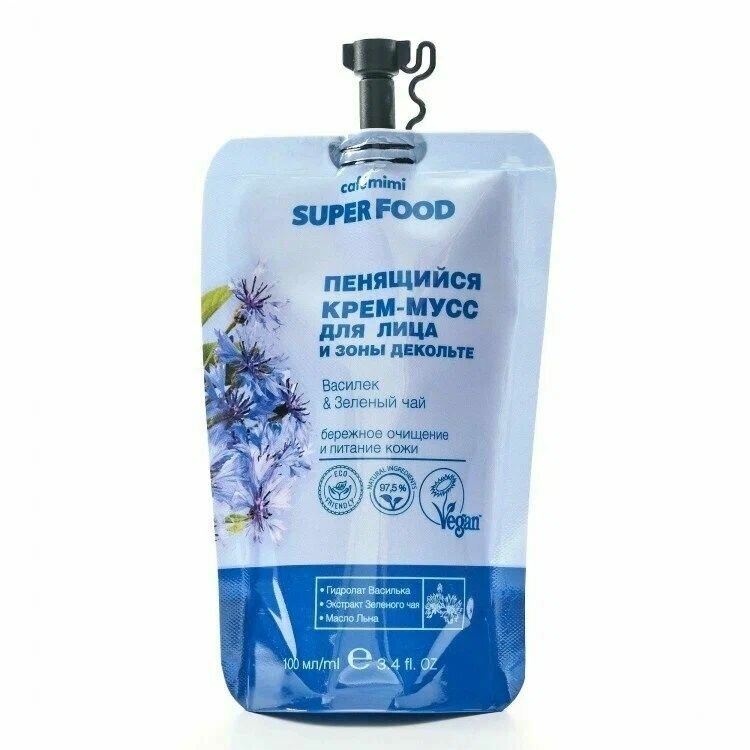 Крем-мусс для лица и зоны декольте CAFE MIMI "Super Food", пенящийся, Василек и Зеленый чай, 100 мл