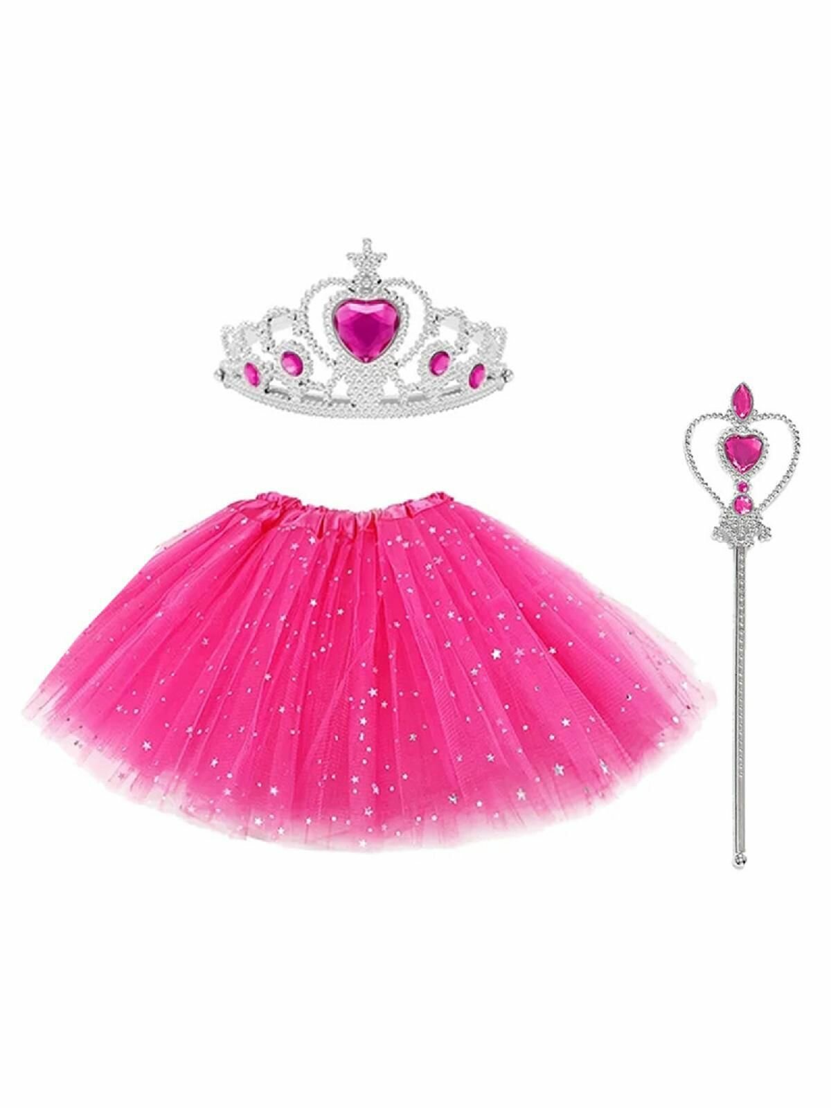 Детский костюм принцессы: юбка-пачка, корона и волшебная палочка, розово-красный