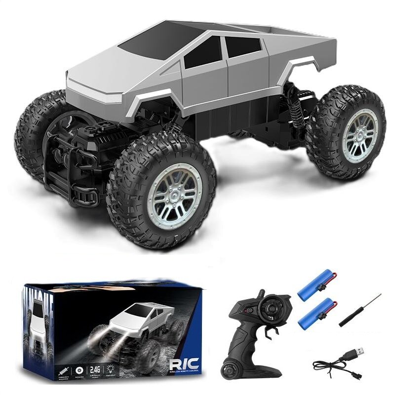 2.4GHZ симуляционная пультовая машина пикапа Tesla Cyberfootoffroad, 3.7V аккумулятор литий, заряда USB, материалы пластик/электронные компоненты, передние фары, задние фары, задний привод, левое вращение, правое вращение, движение вперёд и назад, пульт