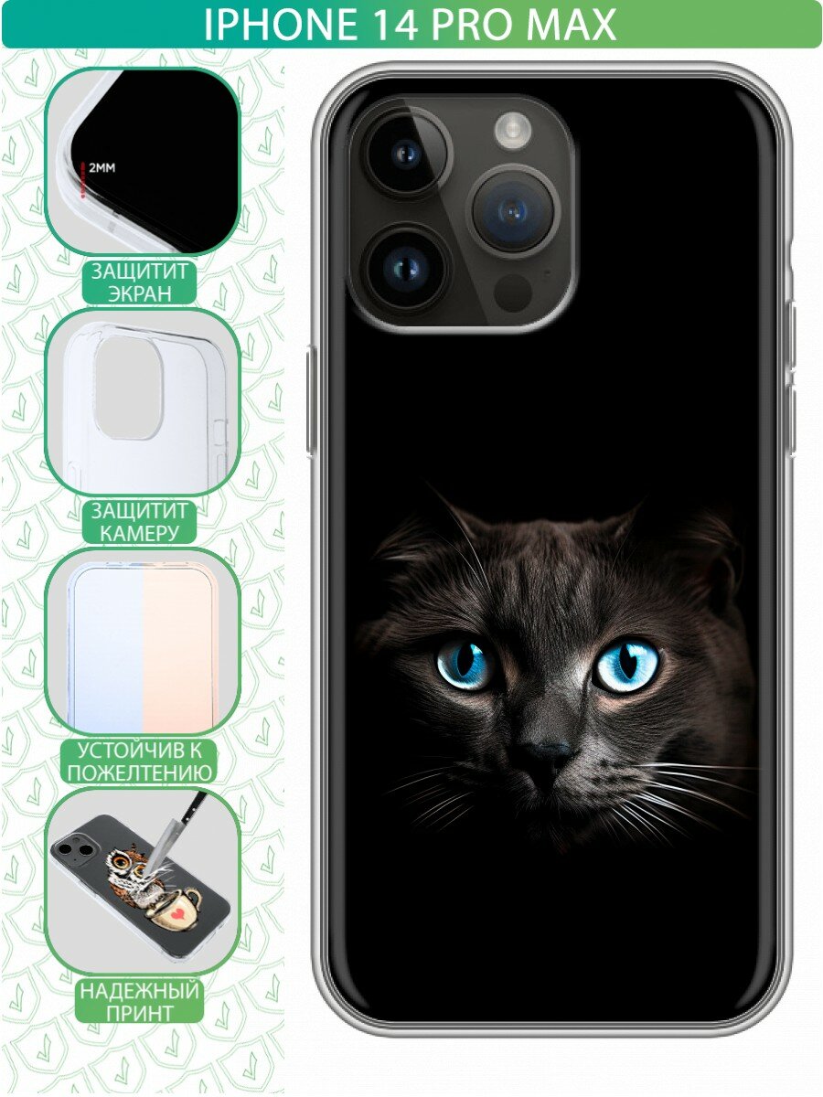 Чехол для Iphone 14 Pro Max с принтом Черный котик в темноте (Айфон 14 Про Макс)
