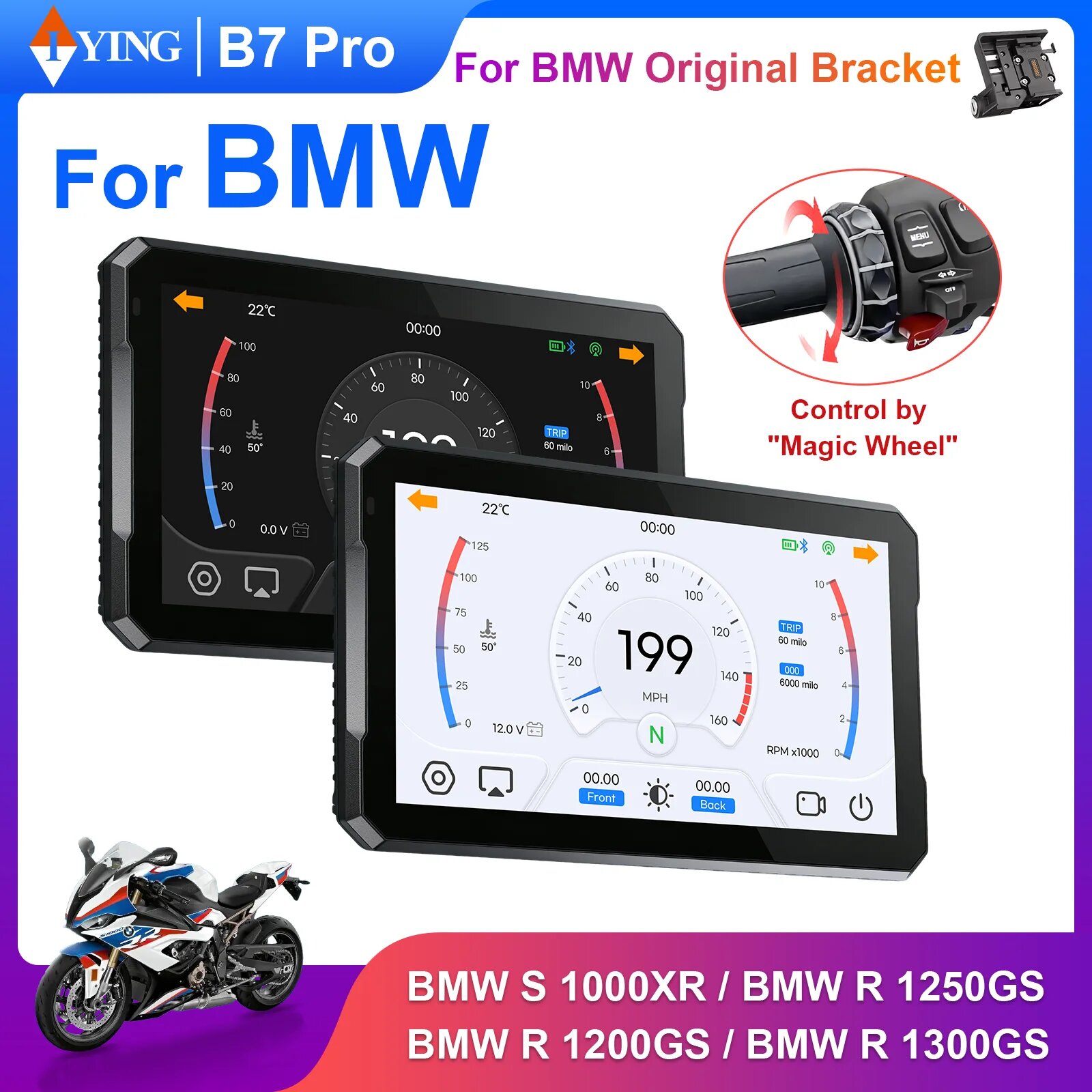 Беспроводной GPS-навигатор IYING B7pro с поддержкой CarPlay и Android Auto для мотоциклов, экран для приборной панели BMW R1200GS F800, совместим с WonderWheel.