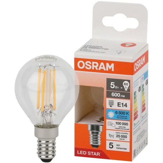Светодиодная лампа Ledvance-osram Osram LED STAR CL P60 5W/865 220-240V FIL CL E14 600lm