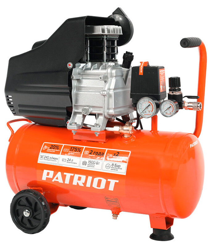 Компрессор поршневой масляный Patriot EURO, 240 л/мин, 8 бар, 1500 Вт, 24 л, быстросъемный 1/4, елочка, набор пневмоинструмента, KIT 5C (24-240K2)