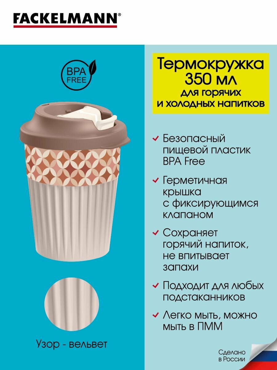 Термокружка FACKELMANN 350 мл для кофе и чая / Термостакан с крышкой и герметичным клапаном /Кружка для горячих напитков