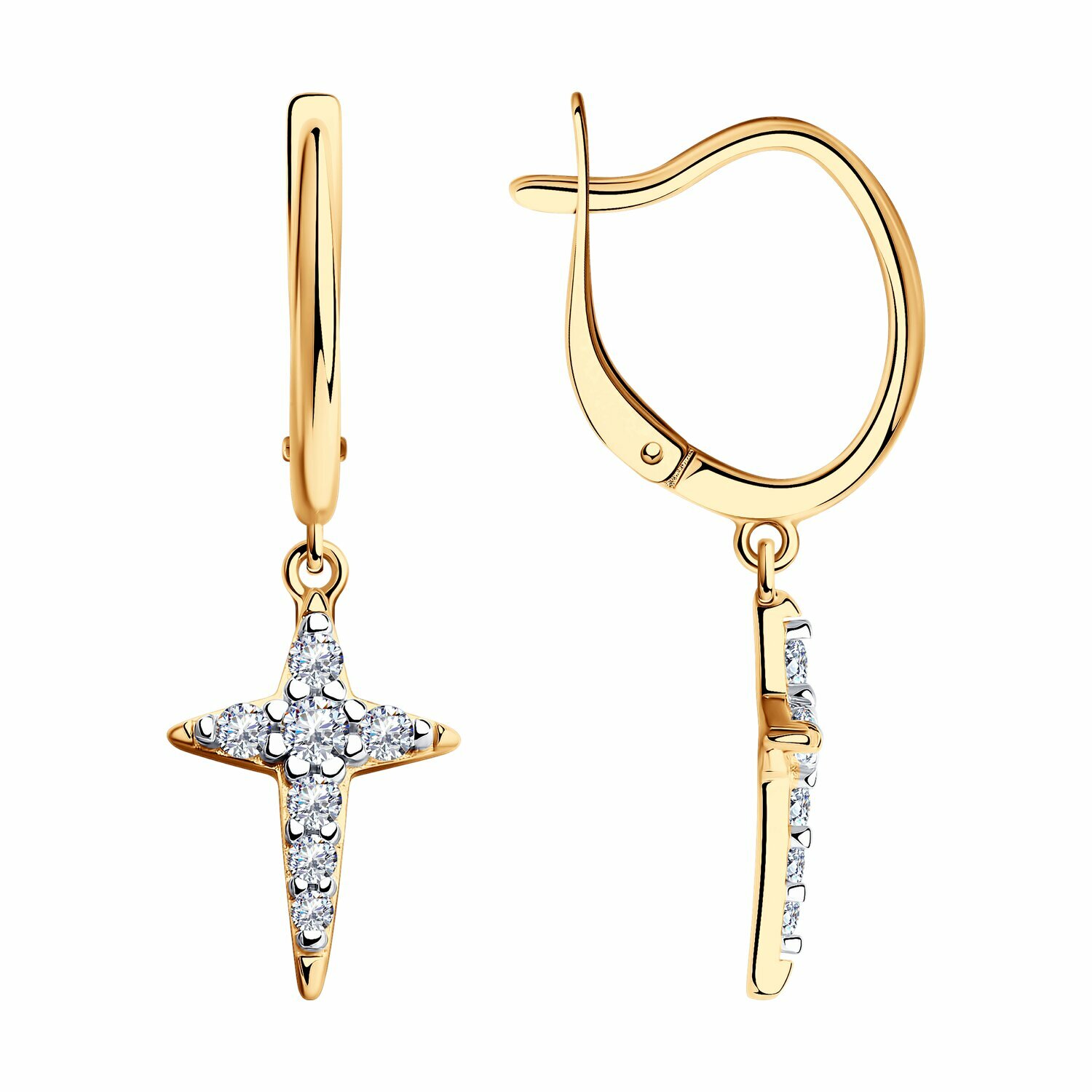 Серьги, серебро, 925 проба, золочение, фианит