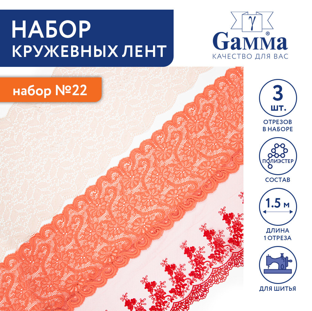 Набор кружевных лент 3 шт х 1.5 м "Gamma" BLUS-3 набор №22