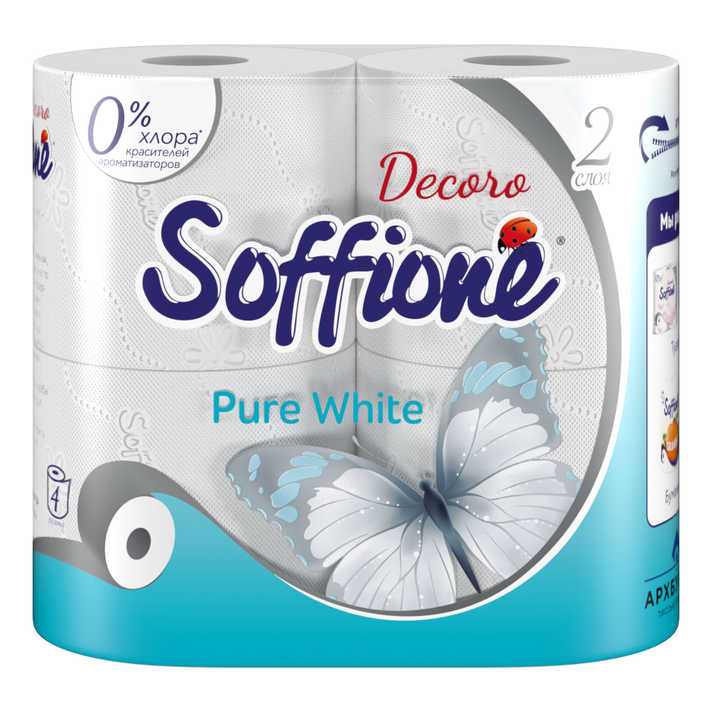 Туалетная бумага Soffione pure белая, 4 рулона, 2 слоя
