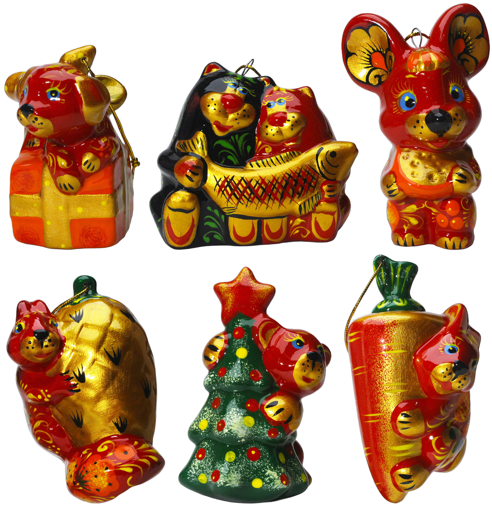 "О вкусах не спорят" 6 штук в картонной коробке Большой набор фарфоровых елочных игрушек украшений хохлома красная коллекция