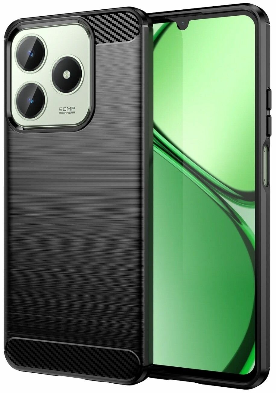 Чехол на Realme Note 60 силиконовый карбон сталь чёрный противоударный