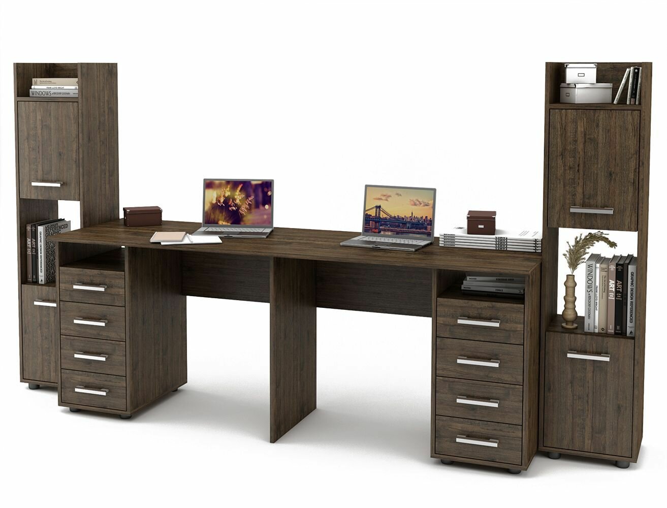 Письменный стол для двоих со стеллажами "Остин (Ливерпуль) 18", с тумбами и ящиками, ЛДСП, 267х145х60 см