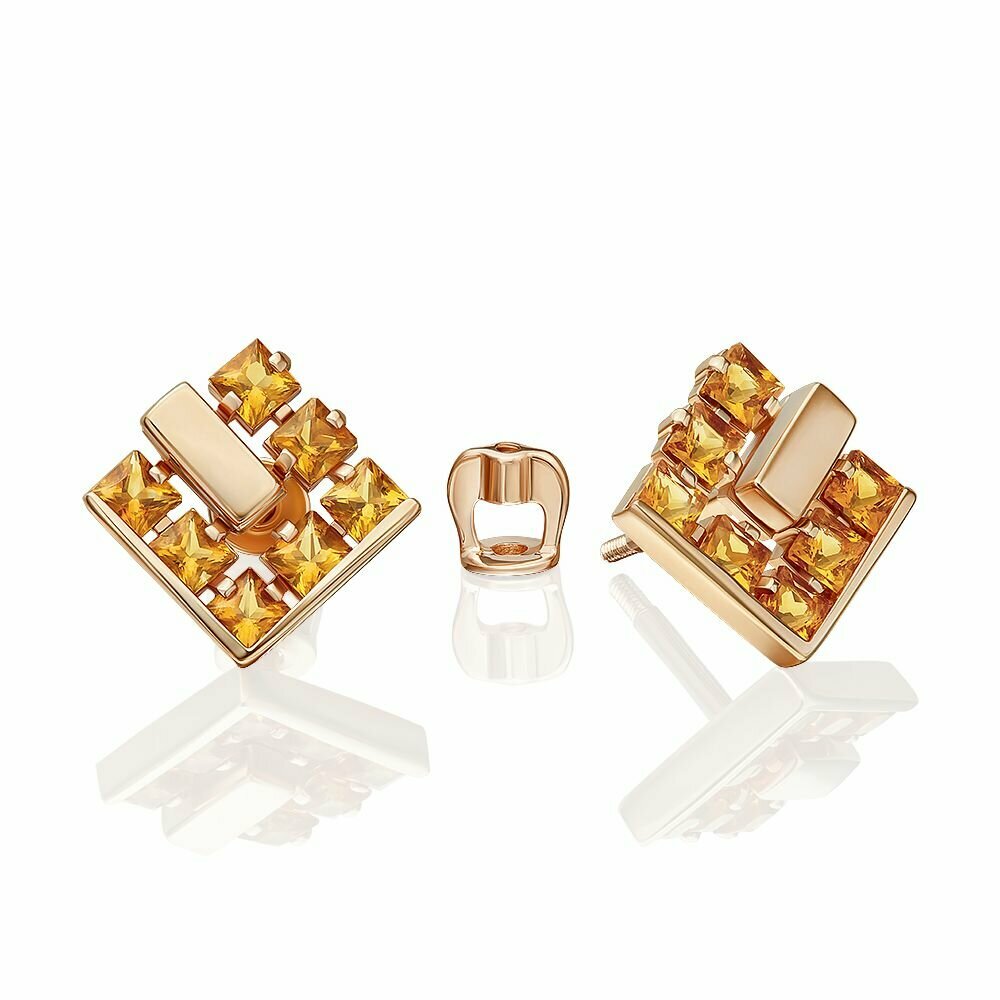 Серьги пусеты, красное золото, 585 проба, цитрин