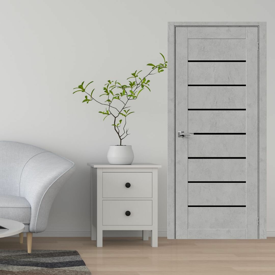 Межкомнатная дверь БВ 22 Серый бетон 800х2000 черное стекло (комплект)