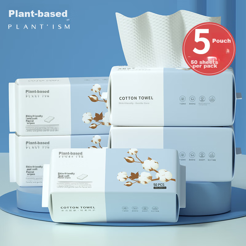 Plant-Based Facial Cleansing Wipes, Disposable Soft Tissue, Portable for Travel, Face Wipes, Makeup Remover, 5 Packs