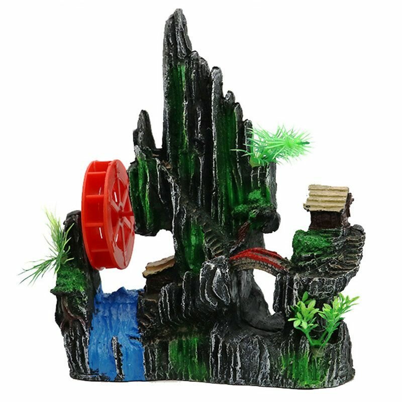 Декорация для аквариума, Каменное украшение с видом на горы и водяным колесом ветряной мельницы, 20 x 6,5 x 23 см -KP