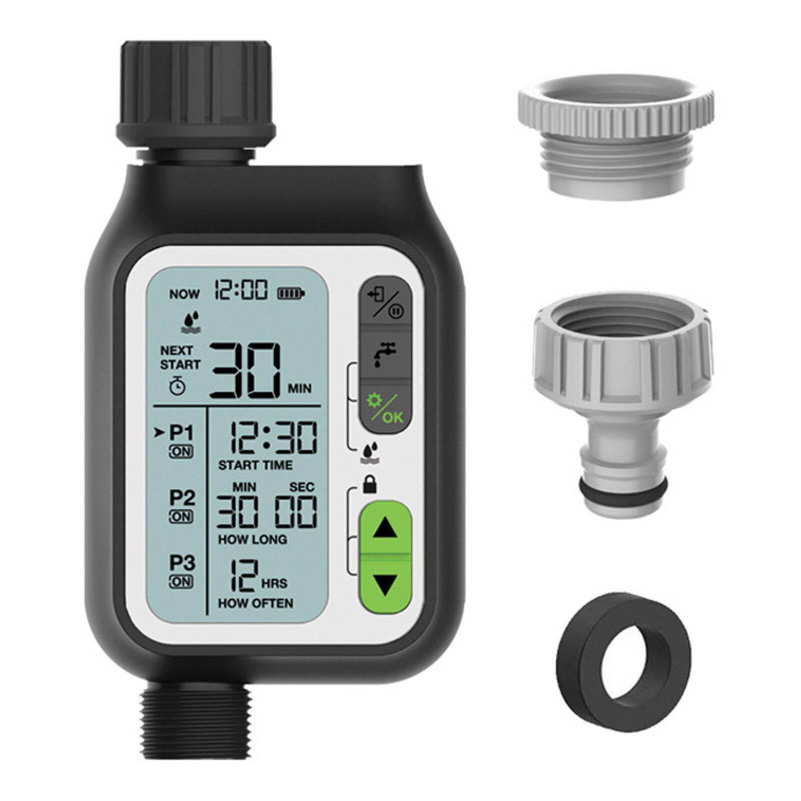 Electronic Irrigation Regulator Automatic Timer with Large LCD Screen Waterproof Sprinkler Controller 3 Separate Timing Programs Weak Electricity Protection Rain Sensor Child Lock Outdoor Garden Watering Device Tool
