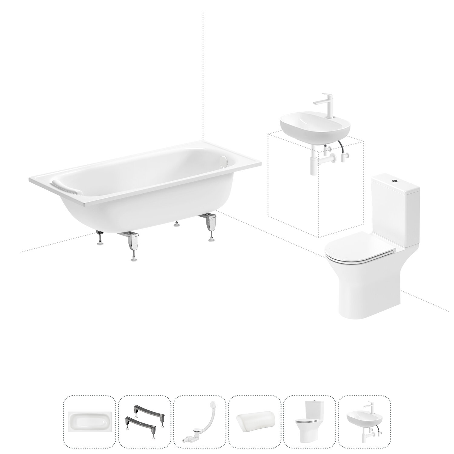 Стальная ванна 150х70 Sanitana BLB Europa 20220634R в наборе 6 в 1: металлическая ванна 150 х 70 см, ножки, слив-перелив, подголовник, унитаз, раковина с комплектом для подключения