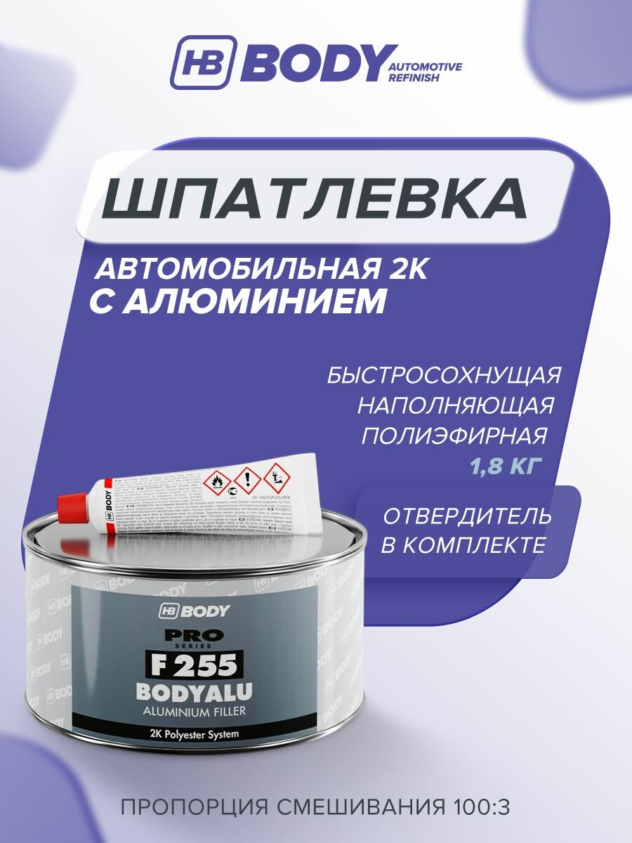 Шпатлевка автомобильная с алюминием 1,8 кг 2К серая с отвердителем / HB BODY 255 / шпаклевка полиэфирная