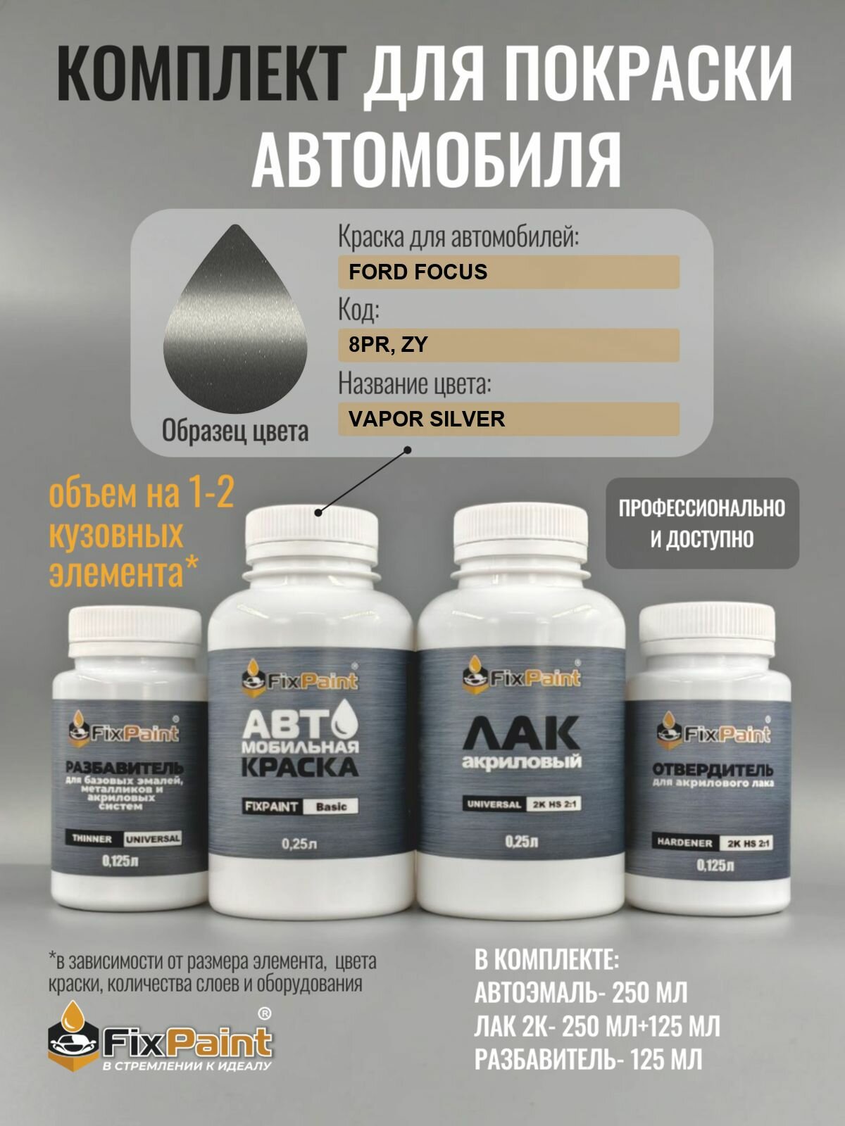 Комплект для покраски FORD FOCUS, код 8PR, ZY, VAPOR SILVER, базовая автомобильная эмаль 250 мл, лак 2K 250 мл с отвердителем, разбавитель 125 мл, FixPaint Pro