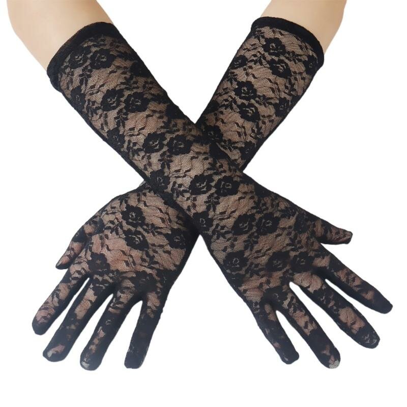 Длинные кружевные перчатки-43 см черного цвета