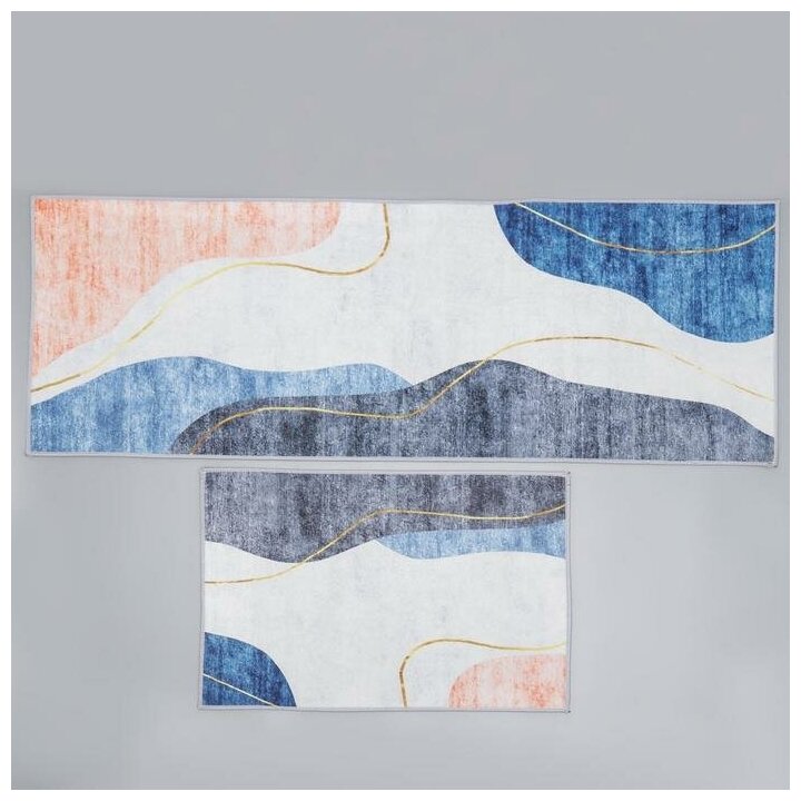 Набор ковриков для ванной и туалета Доляна «Образ», 2 шт: 45×120 см, 40×60 см, цвет сине-серый