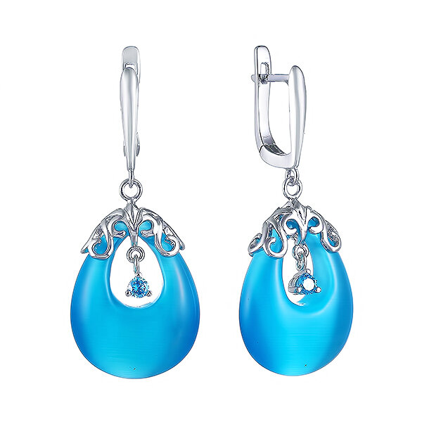Серьги, серебро, 925 проба, фианит, кошачий глаз