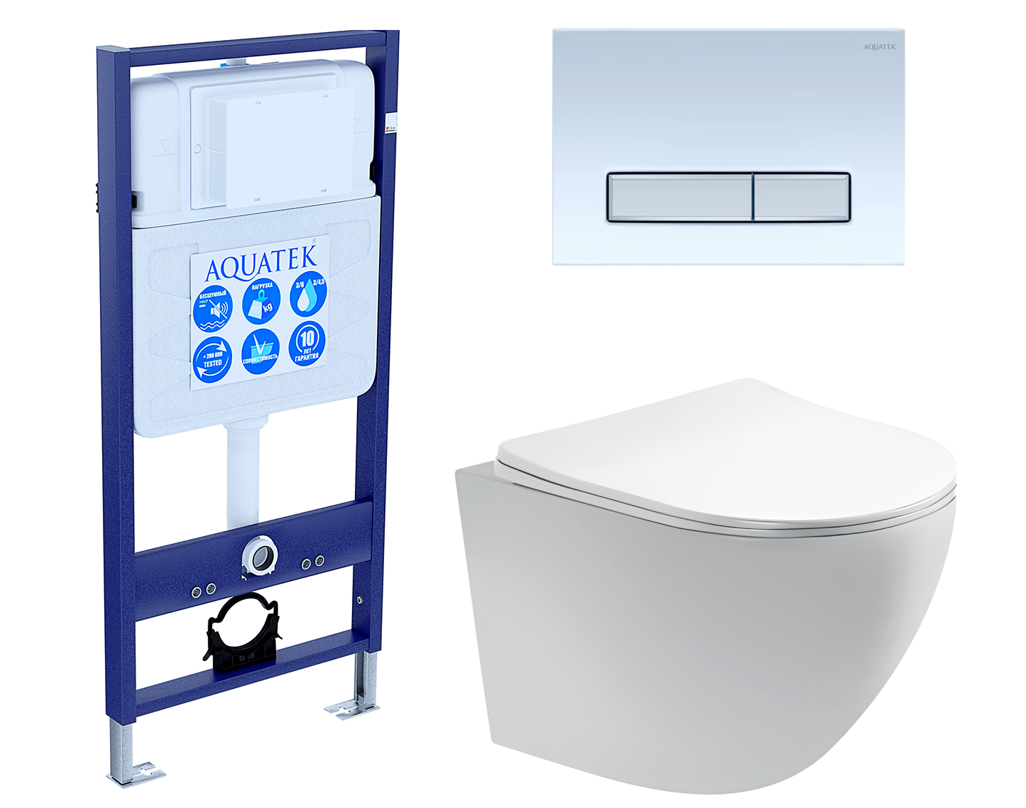 Комплект 3 в 1 инсталляция Акватек Standart 50 + Унитаз подвесной Акватек Европа AQ1900-00 с кнопкой белой хром INS-0000012 + AQ1900-00 + KDI-0000030