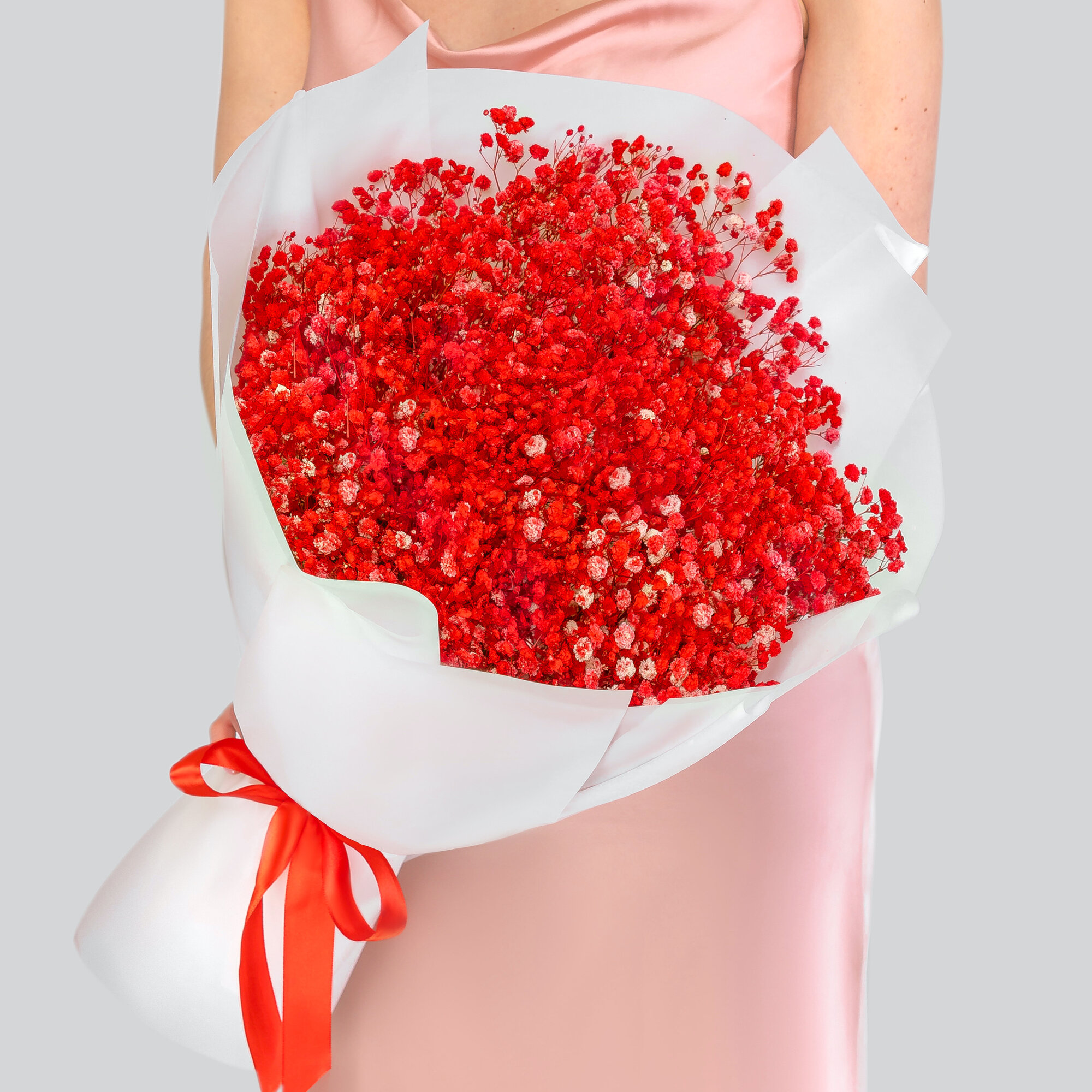Букет Мегацвет24, "Красная гипсофила", стабилизированный, 15 гипсофил, в дизайнерской упаковке