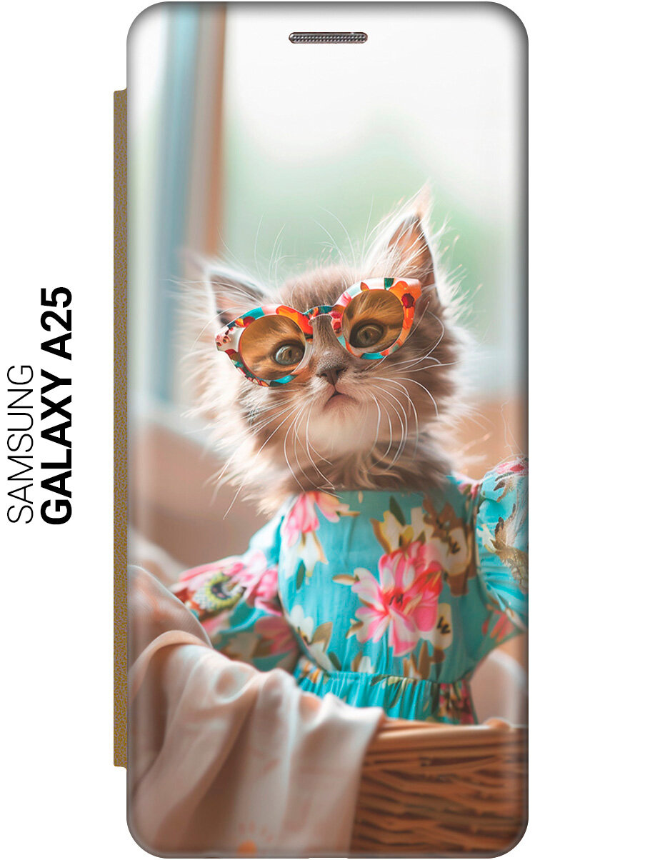 Чехол-книжка на Samsung Galaxy A25 / Самсунг А25 с рисунком "Кошечка в голубом платье" золотой