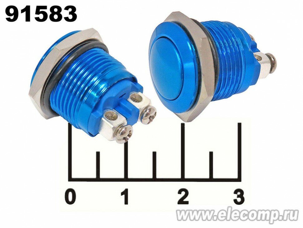 Кнопка без фиксации антивандальная синяя металл 2 контакта под винт (16мм)