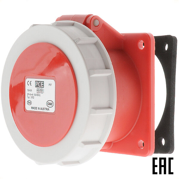 Розетка 3152-6 на поверхность 3Р+N+Е фланец 75х75 прямая 16А 415В IP67 РСЕ Австрия