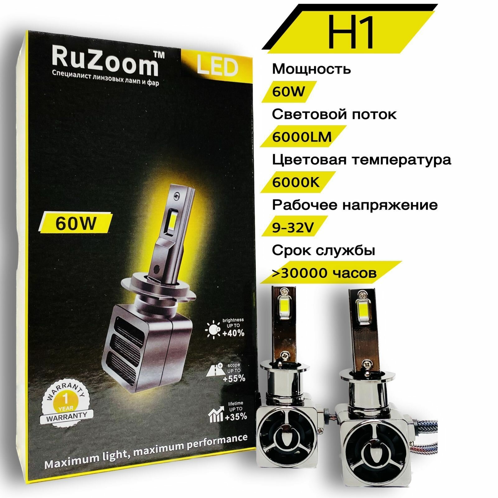 Светодиодные лампы LED 60W RuZoom с цоколем H1, комплект 2 шт.