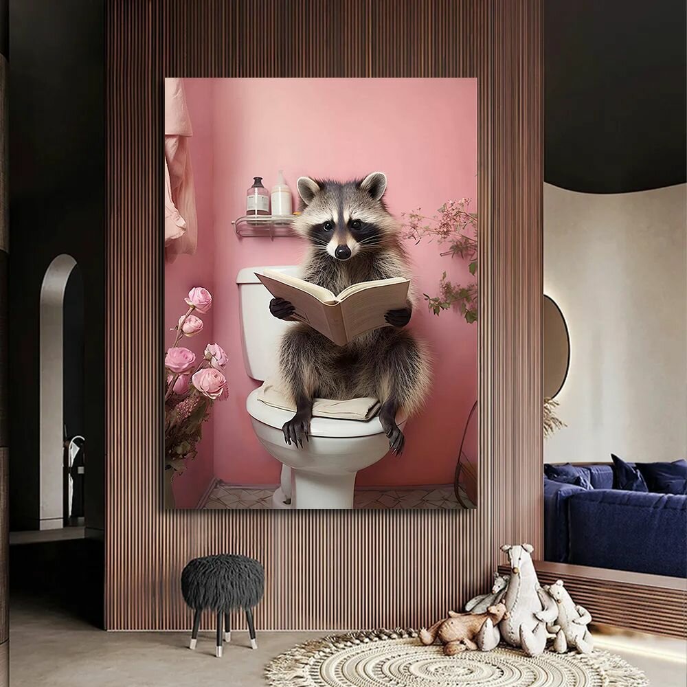 Картина в туалет, ванную комнату Енот читает газету, 50х70 см.