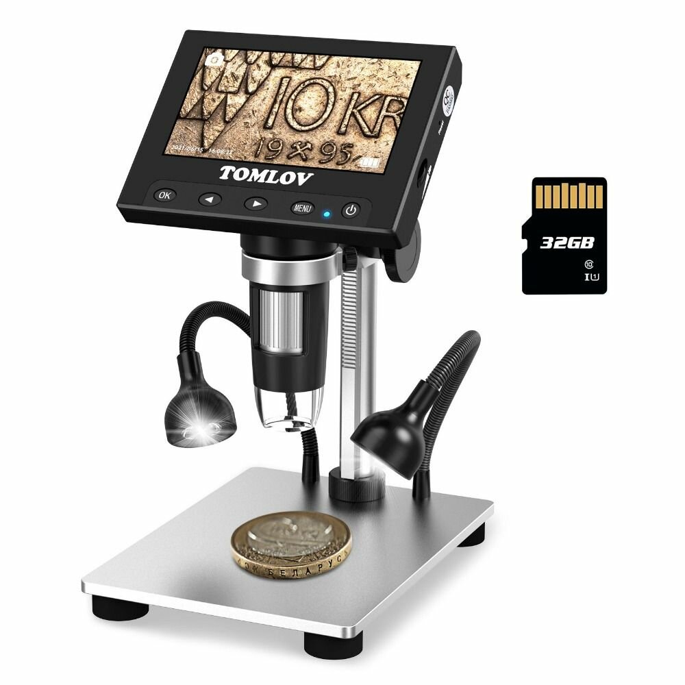 TOMLOV Цифровой микроскоп 1000X 4.3" LCD со светодиодной подсветкой, металлическая подставка Фото/Видео электронный микроскоп Подходит для детей и взрослых