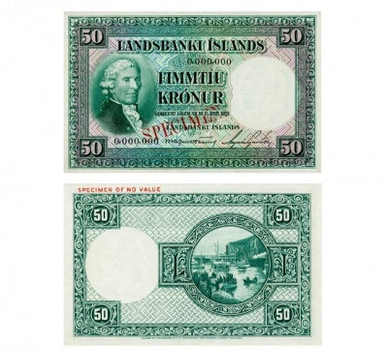 50 крон 1928 Исландия, надпечатка образец, сувенирная копия, банкноты и купюры редкие коллекционные