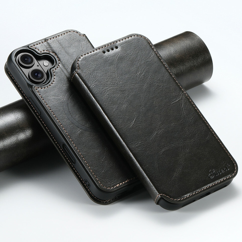 Кожаный чехол книжка Suteni для iPhone 16 Plus с Magsafe с разъемами для карточек (Black)