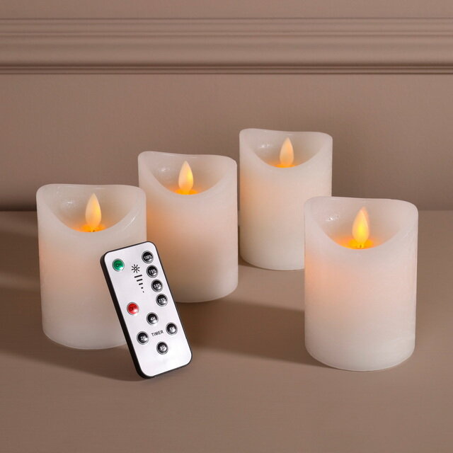 Набор восковых светодиодных свечей Живое Пламя 10 см, 4 шт, белые, с пультом управления, на батарейках, Koopman, AX5402250